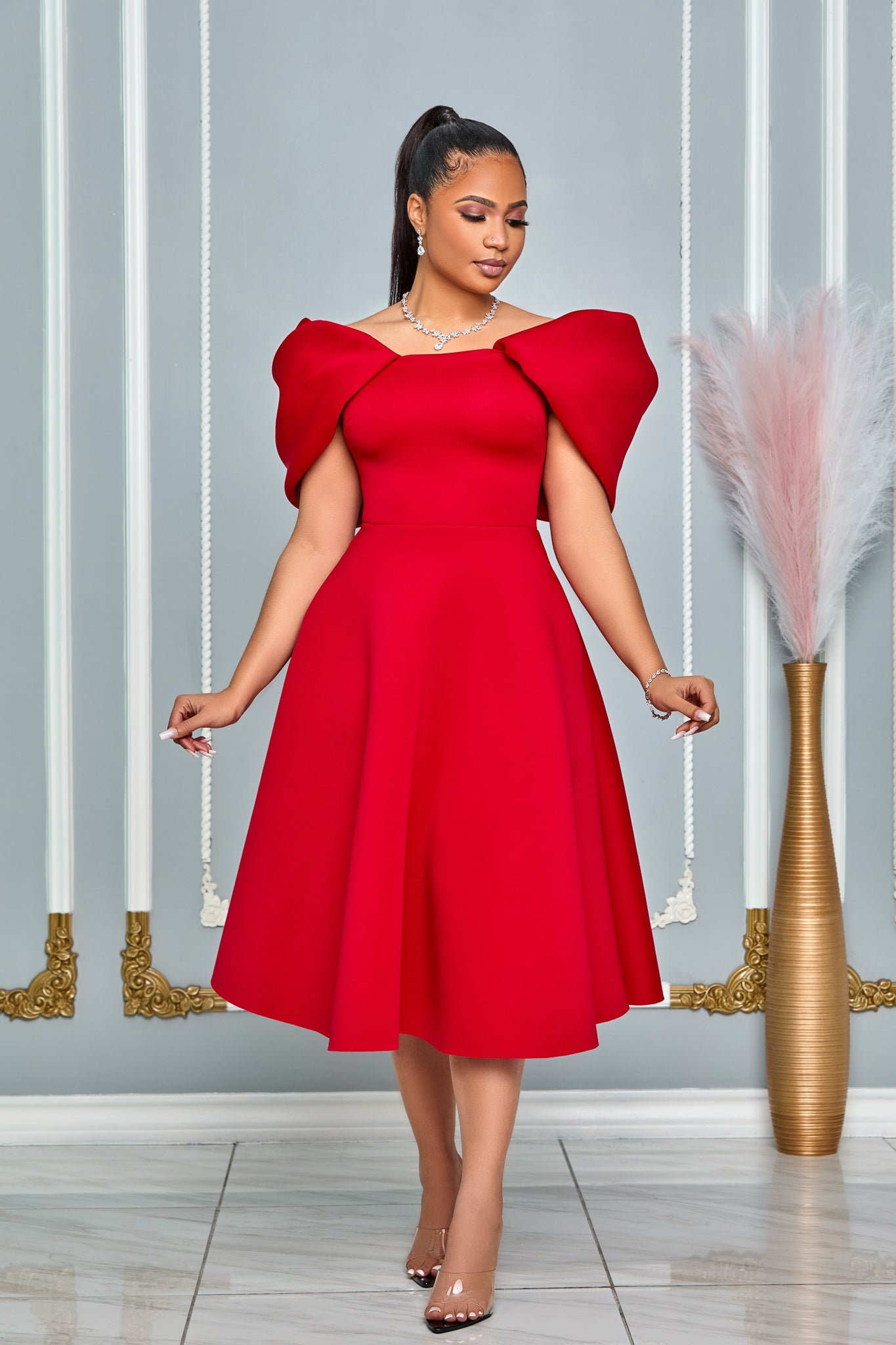 OFF SHOULDER BUBBLE RUFFLE DETAIL FIT-AND-FLARE MIDI DRESS (RED ...