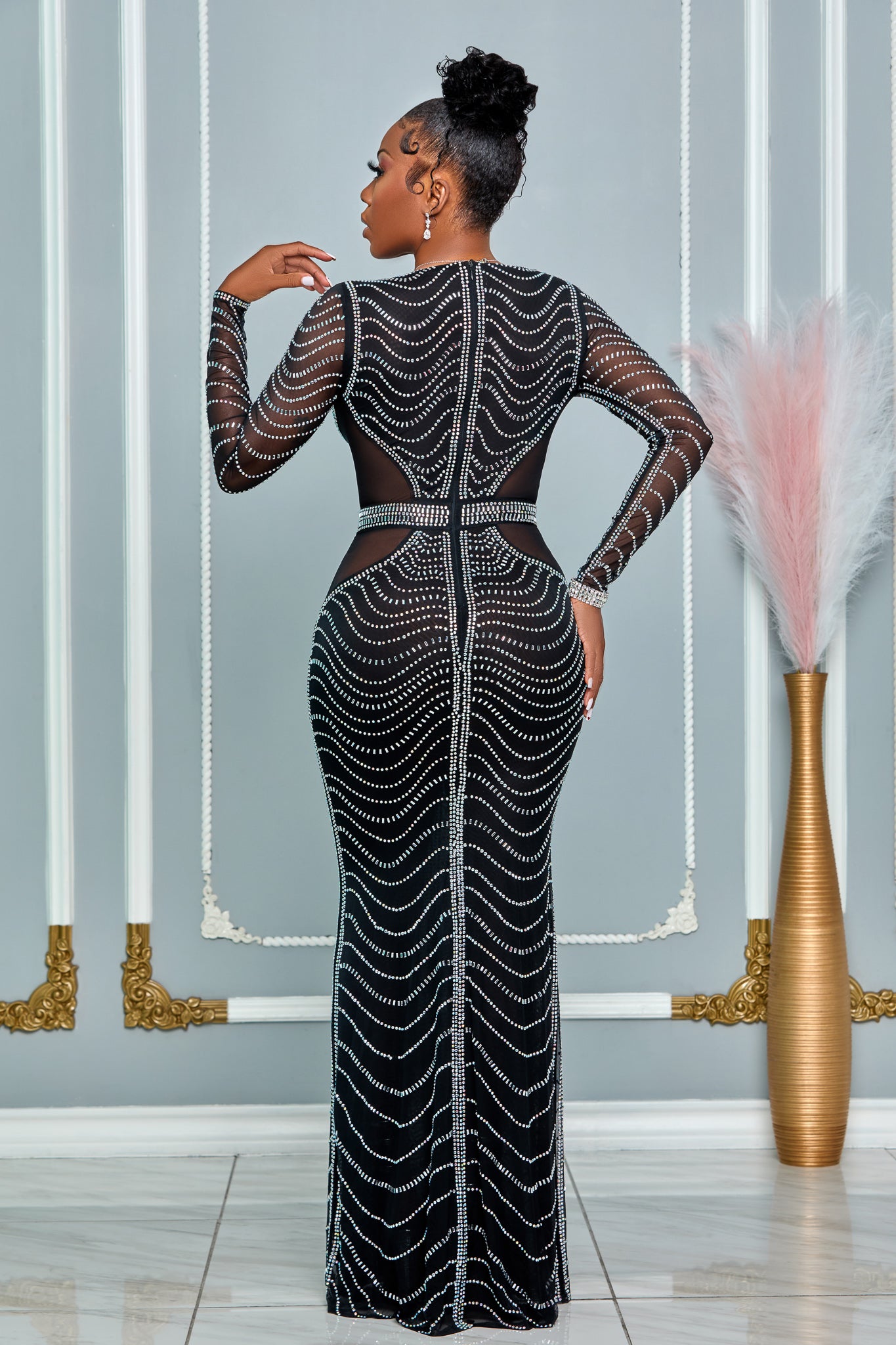 WAVY PATTERN RHINESTONE CUTOUT ACCENT MAXI DRESS (BLACK) – Dress Code ...