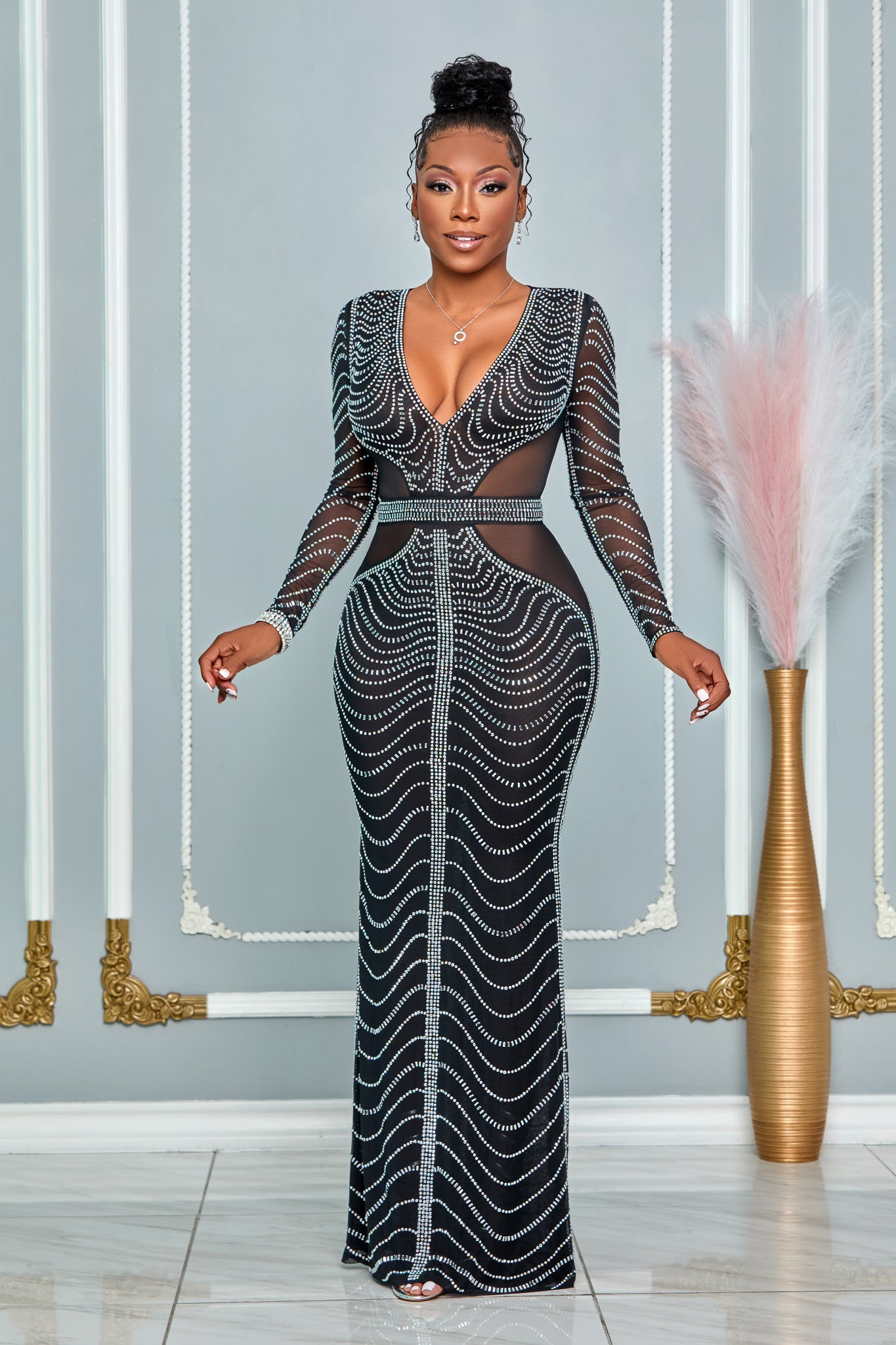 WAVY PATTERN RHINESTONE CUTOUT ACCENT MAXI DRESS (BLACK) – Dress Code ...