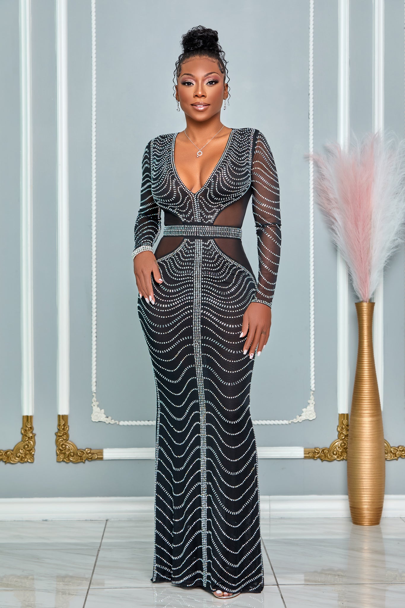 WAVY PATTERN RHINESTONE CUTOUT ACCENT MAXI DRESS (BLACK) – Dress Code ...