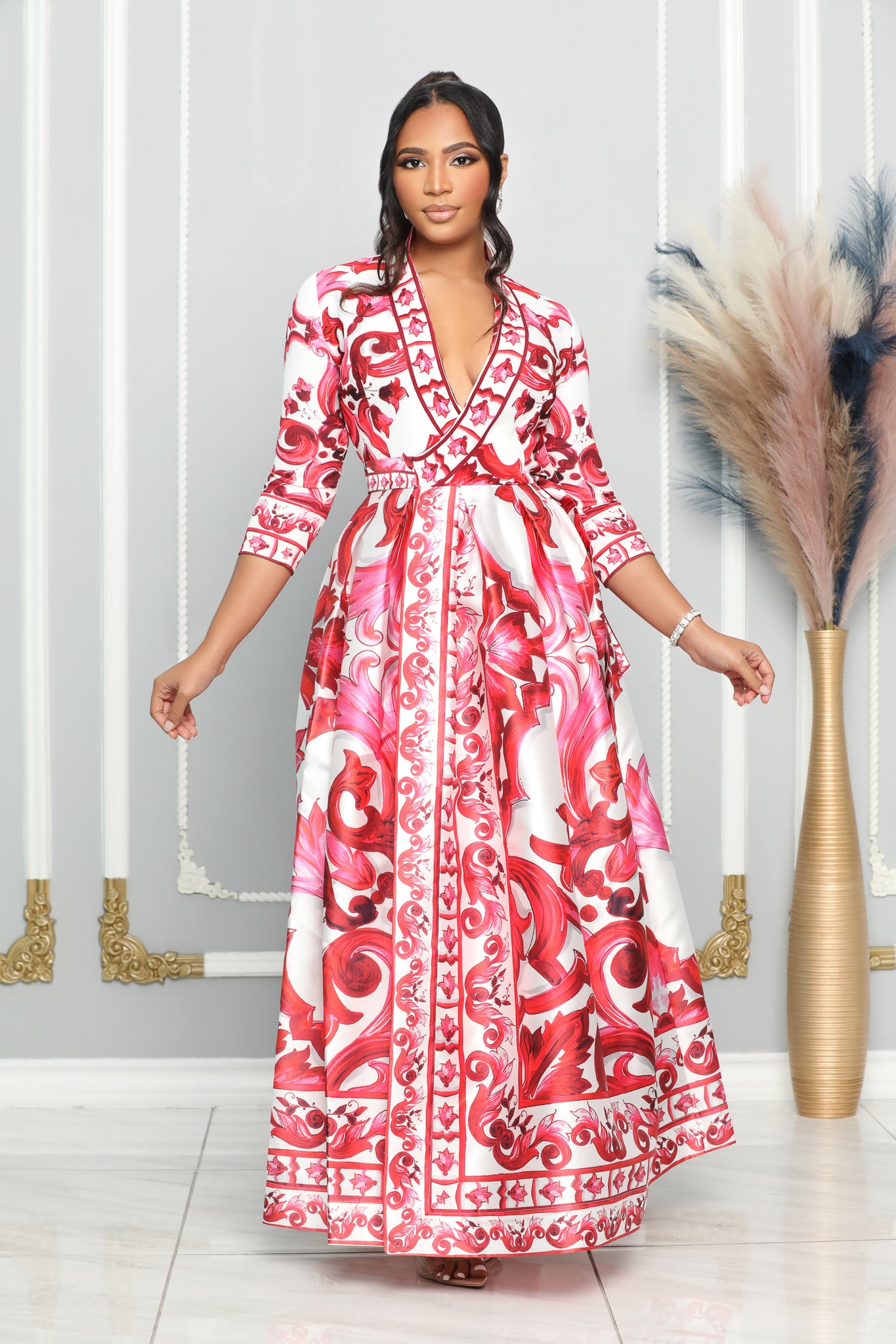 DOLCE V-NECK 3/4 SLEEVE FIT & FLARE WRAP MAXI DRESS (MULTI PRINT ...