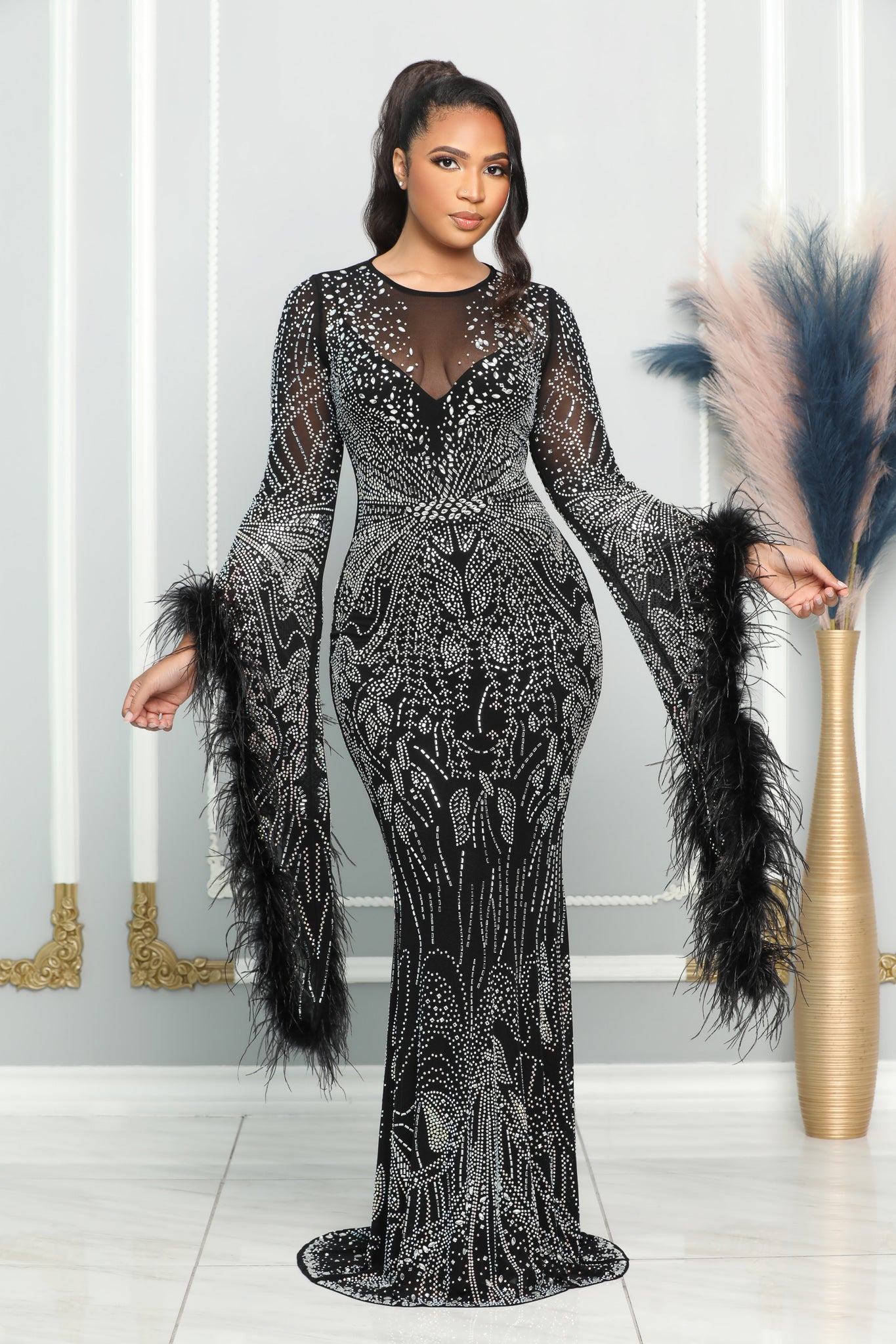 RHINESTONES FEATHER SLEEVES STATEMENT GOWN (BLACK) – Dress Code Chic ...